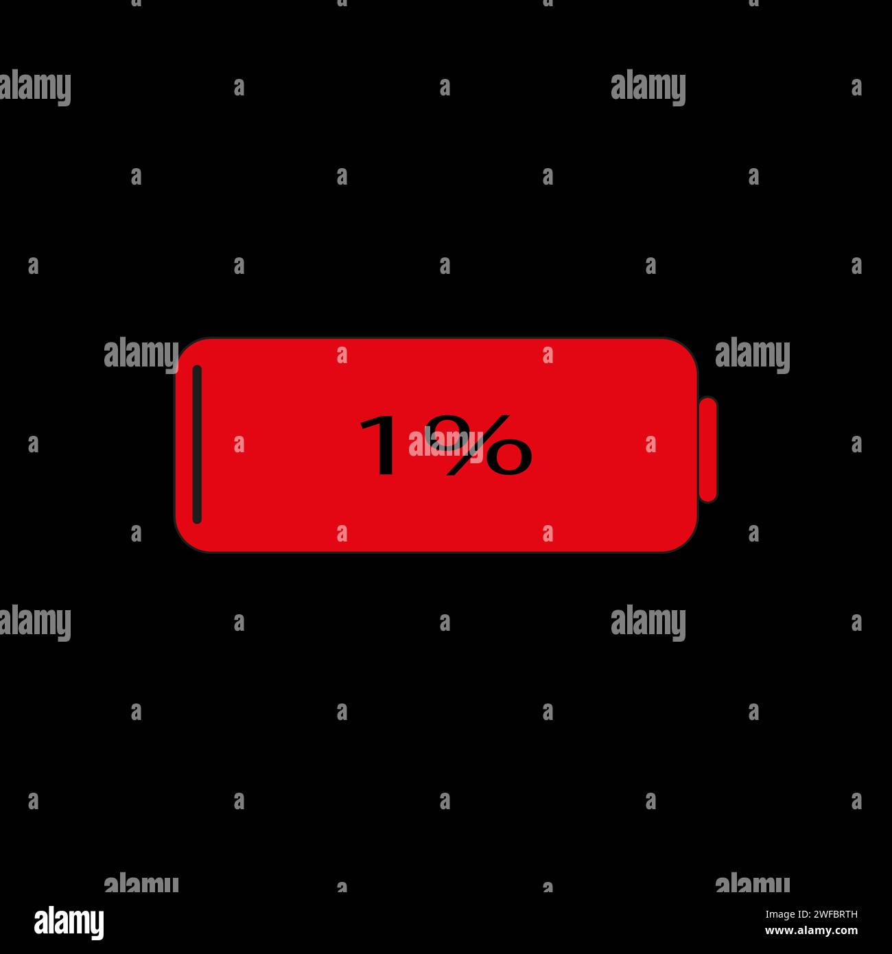 One percent battery charge icon. Red sign. Black background. Cell phone ...