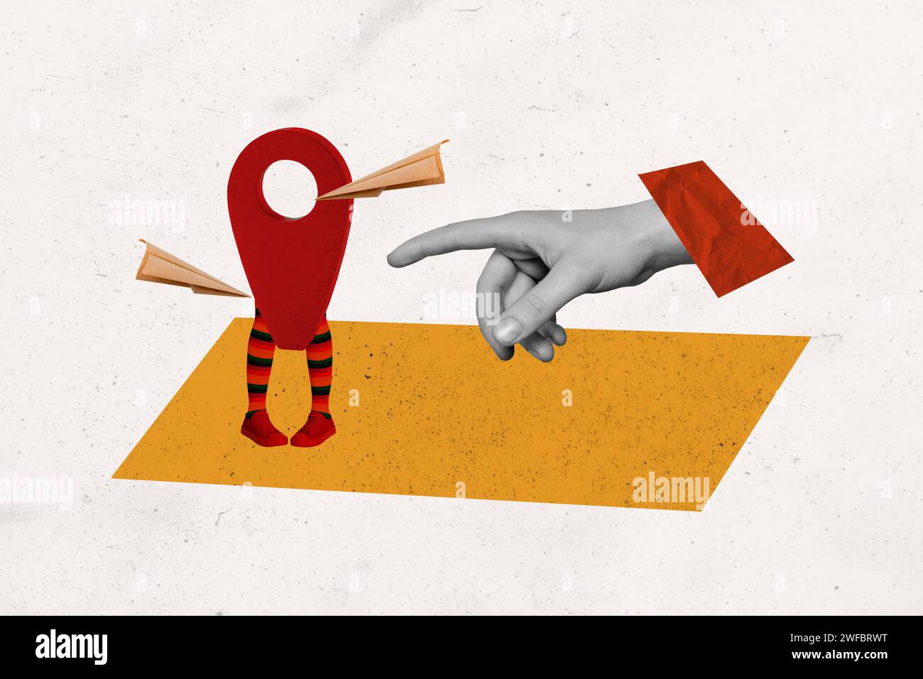 Collage image of black white effect arm point finger mini shy legs ...