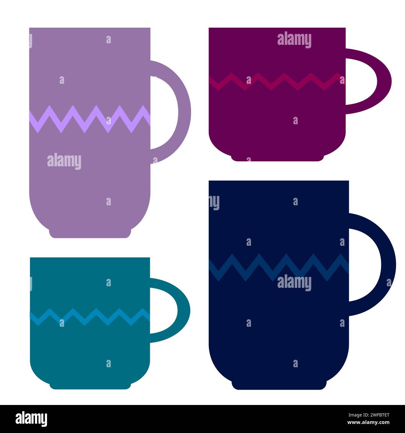 Big colored mugs set. Zigzag pattern. Violet, pink, blue, purple sign ...