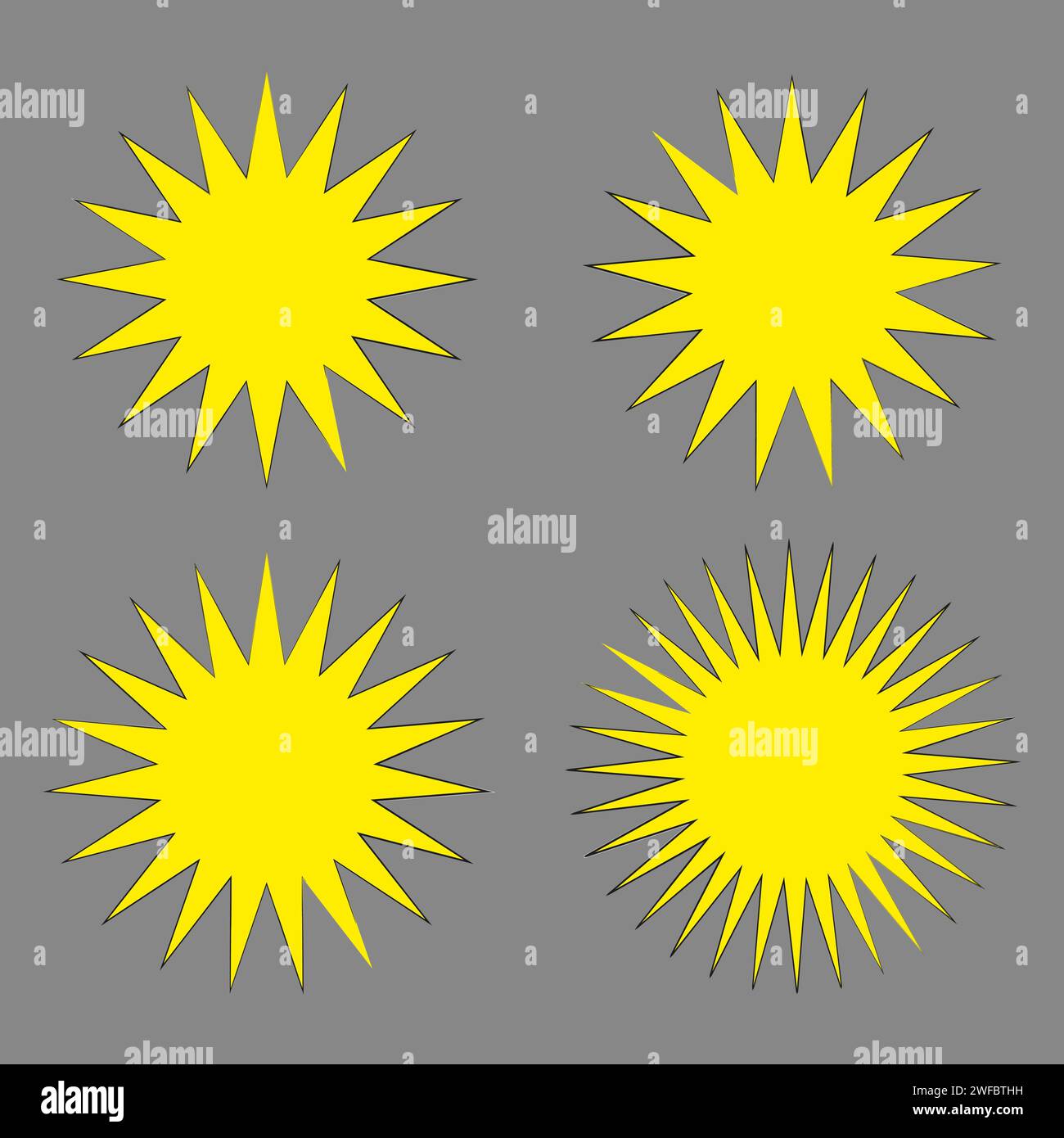 Yellow sun rays circle icon set. Gray background. Starburst label ...