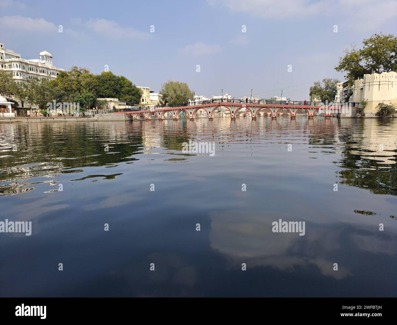 View of Chand Pole Pedestrian Bridge from a boat in Lake Pichola in ...