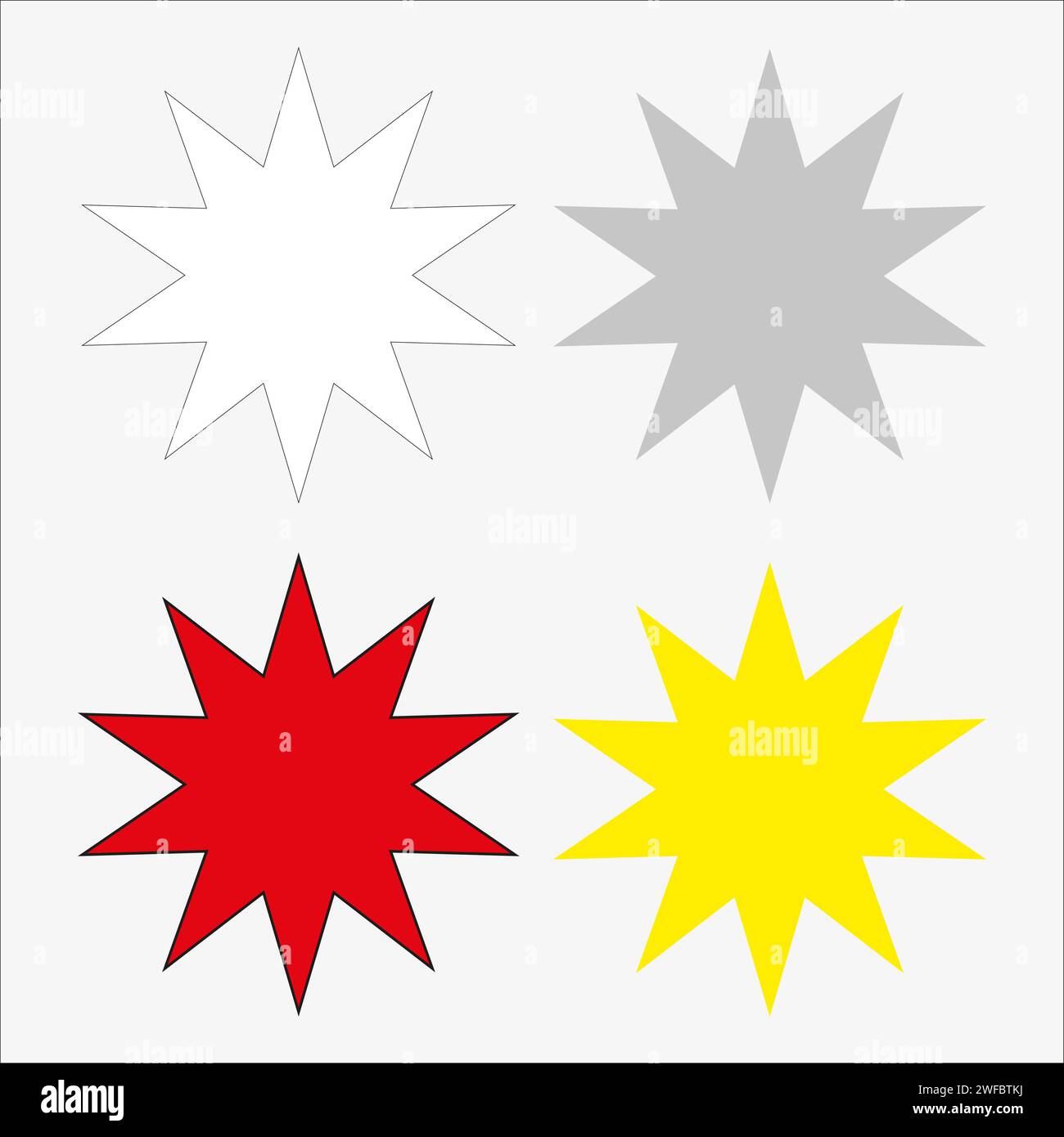 Starburst figure icon set. White, blue, red, yellow emblem. Cartoon ...