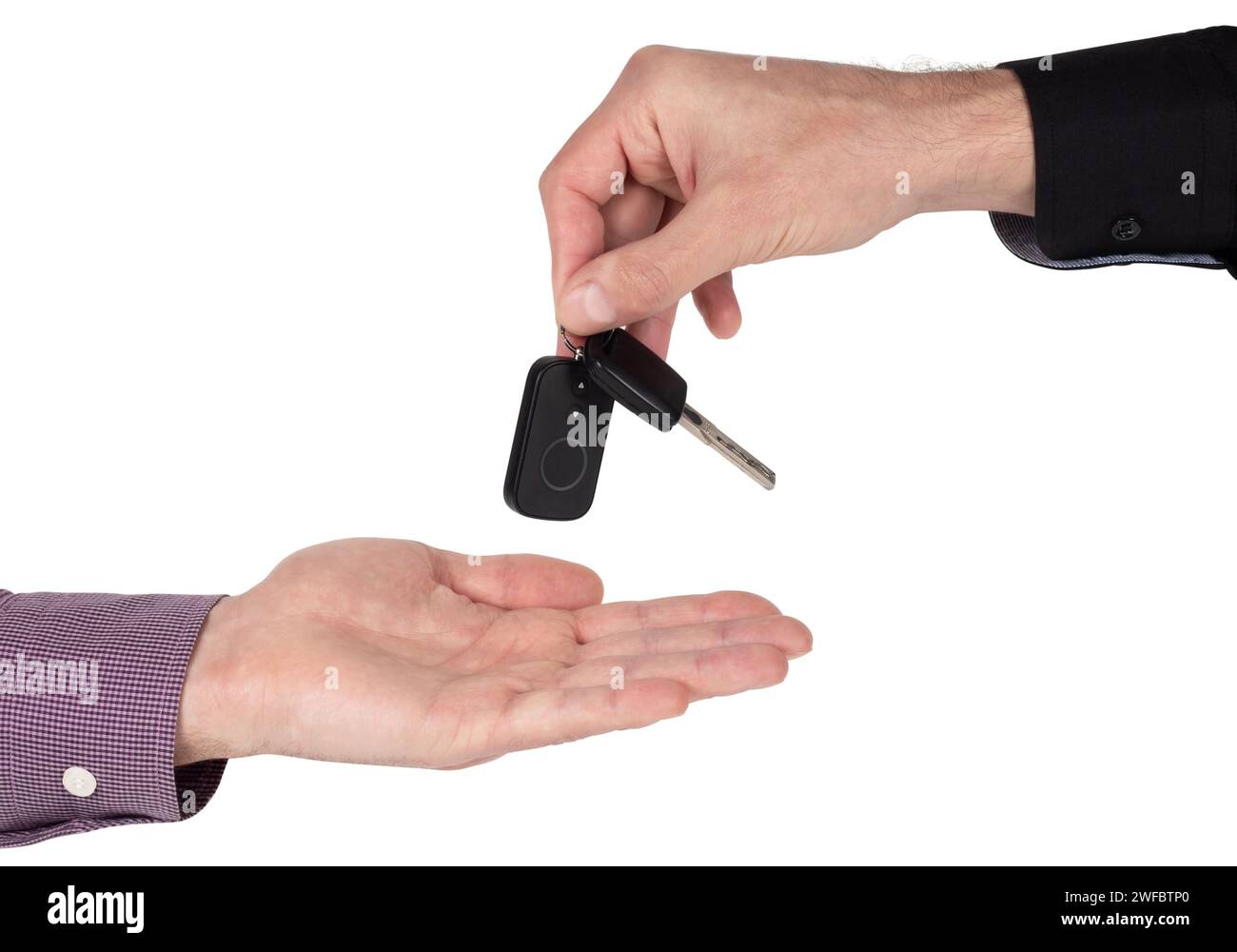 Two hands, giving and taking a car key, isolated on white background ...