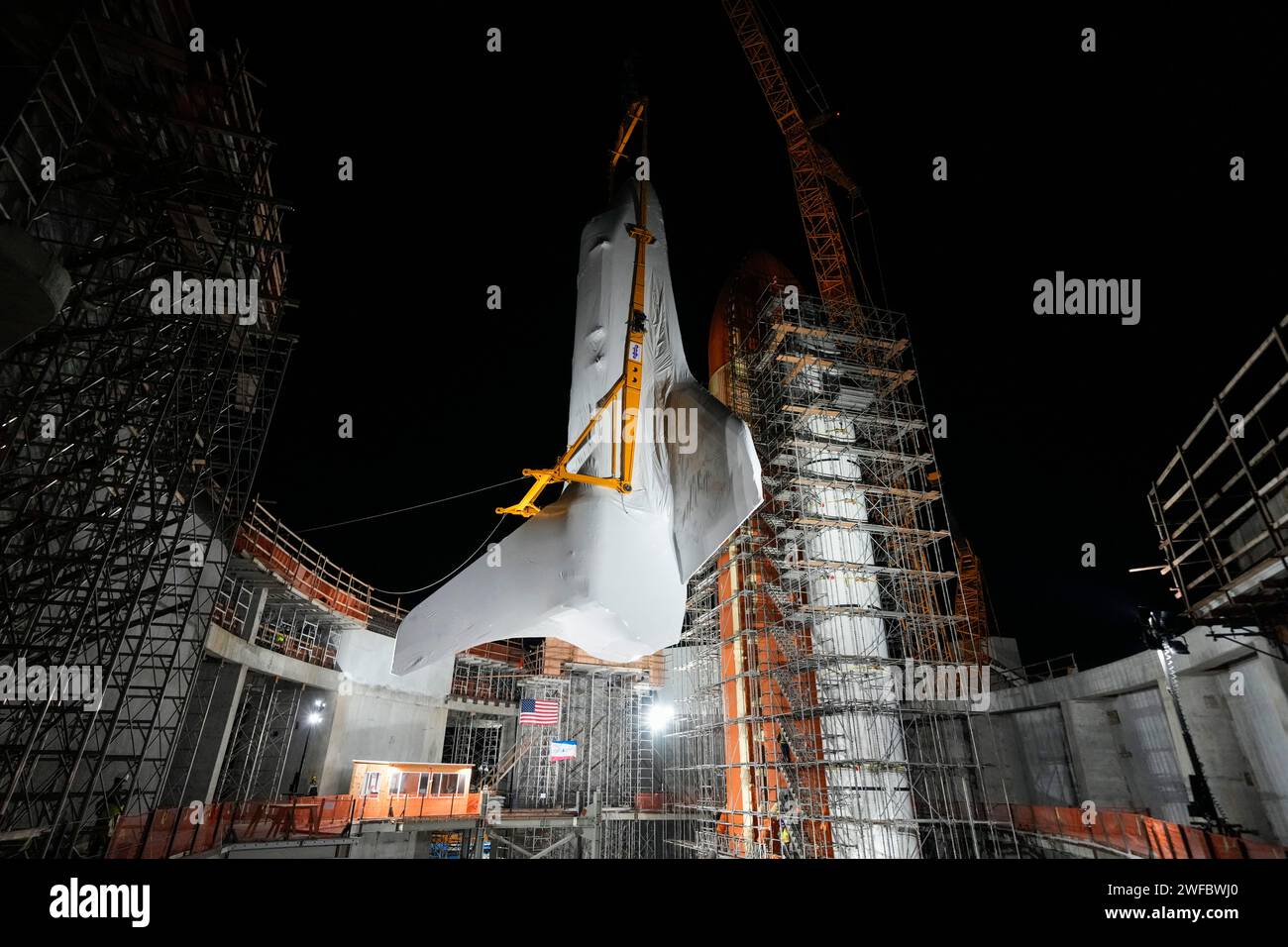 Space Shuttle Endeavour is lifted into the site of the future Samuel ...