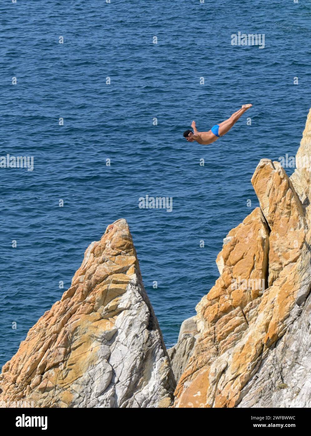 Acapulco, Mexico - 17 January 2024: One of the famous cliff divers at ...