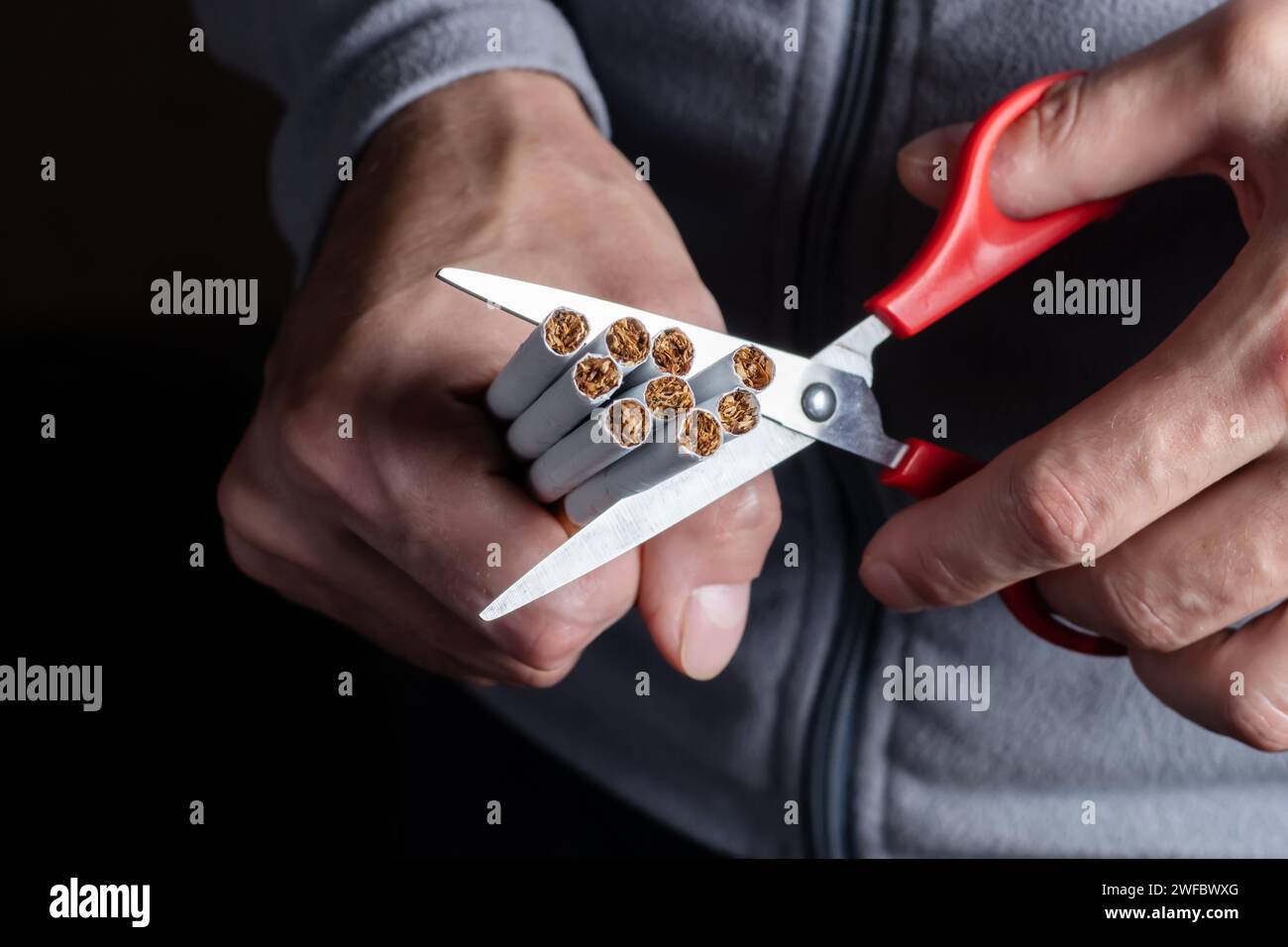 Quit smoking. Closeup of man hands holding bunch of cigarettes and ...