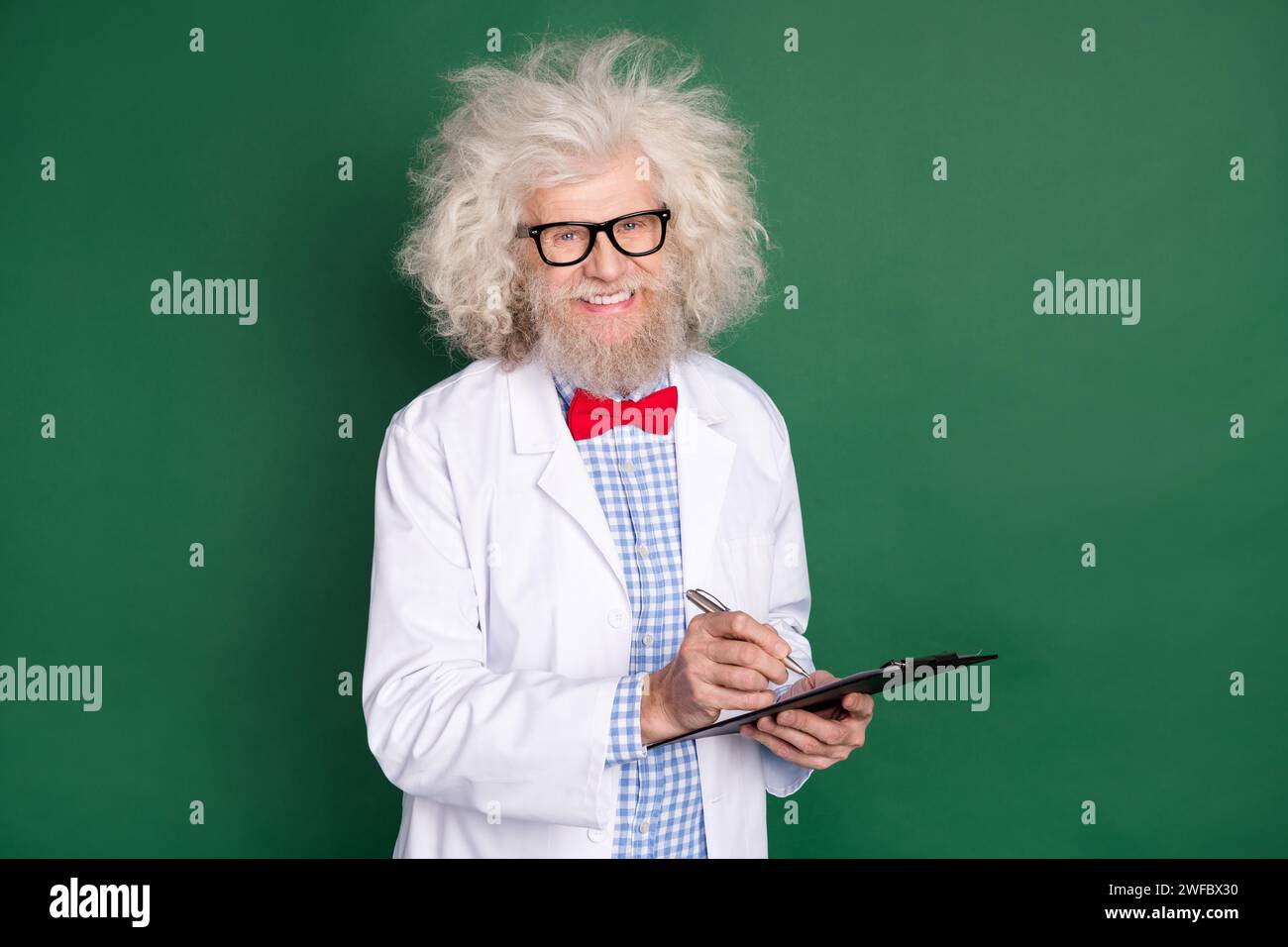Photo of cute cheerful age scientist wear white coat bowtie spectacles ...