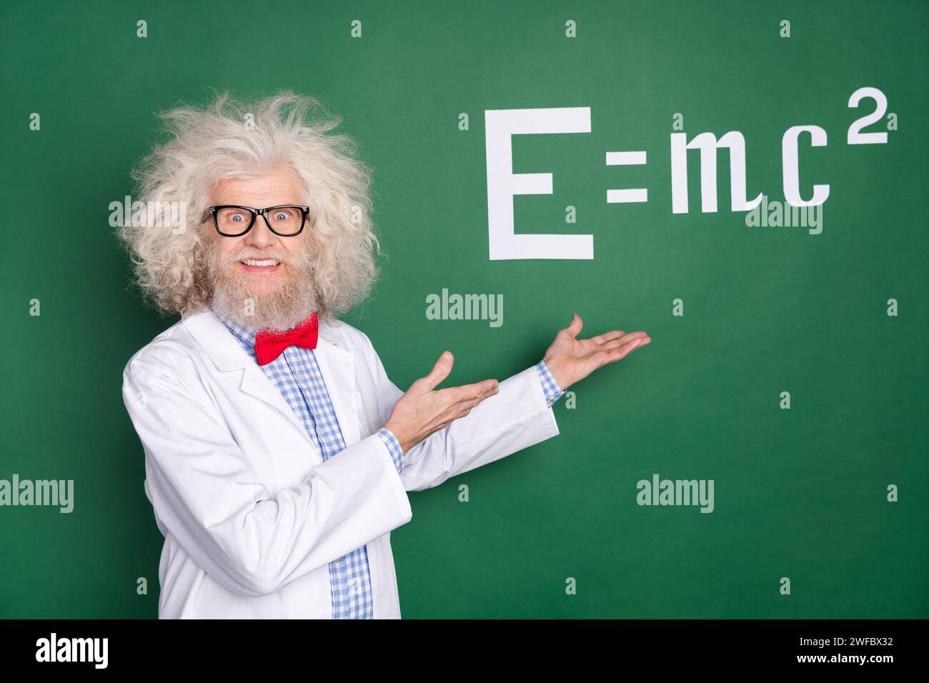 Photo of crazy old professor hold hands present formula wear glasses ...