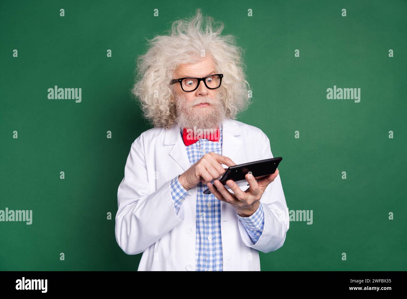 Photo of impressed funky age scientist wear white coat bowtie ...