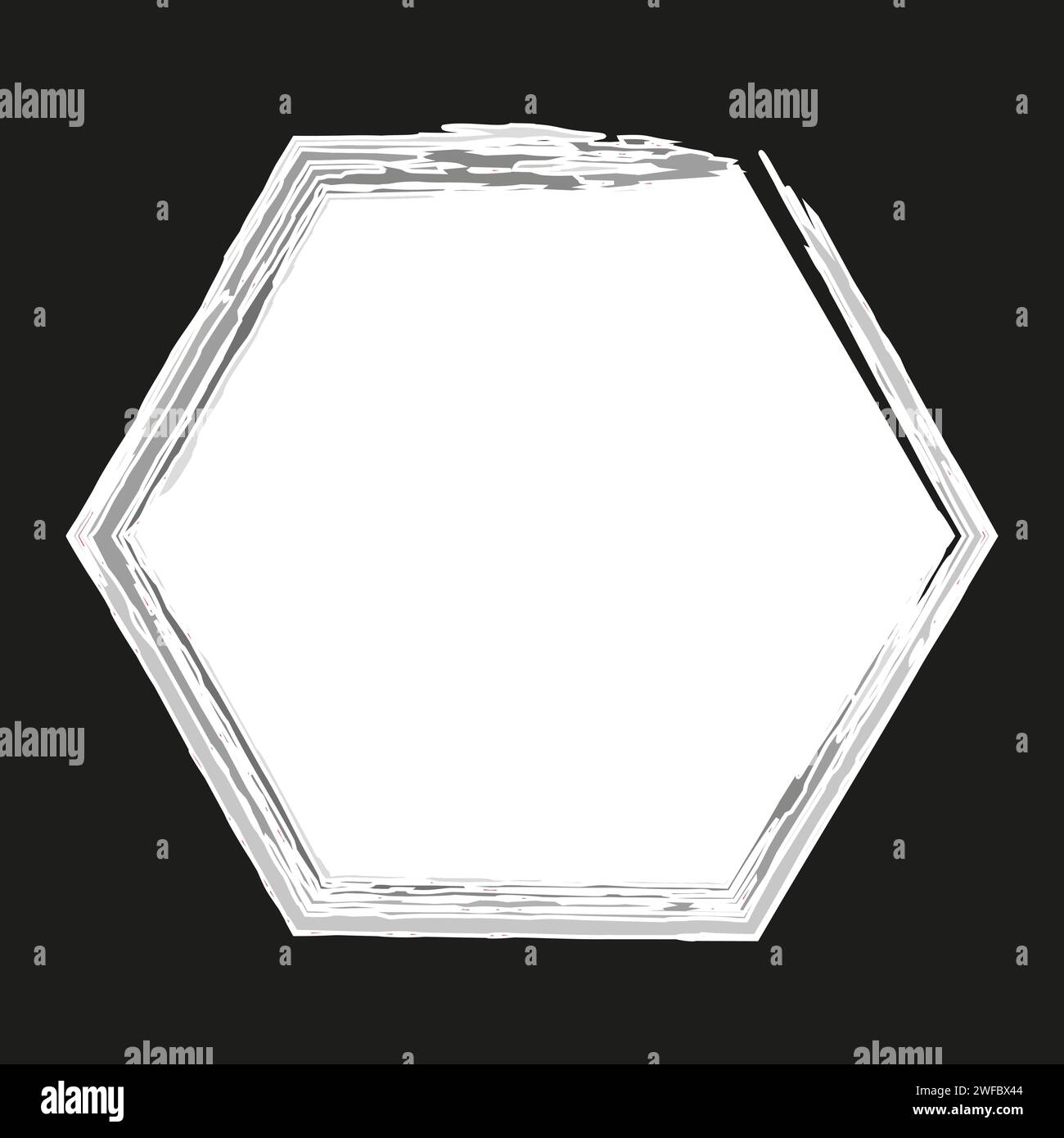 White grunge hexagon icon. Black background. Watercolor effect ...