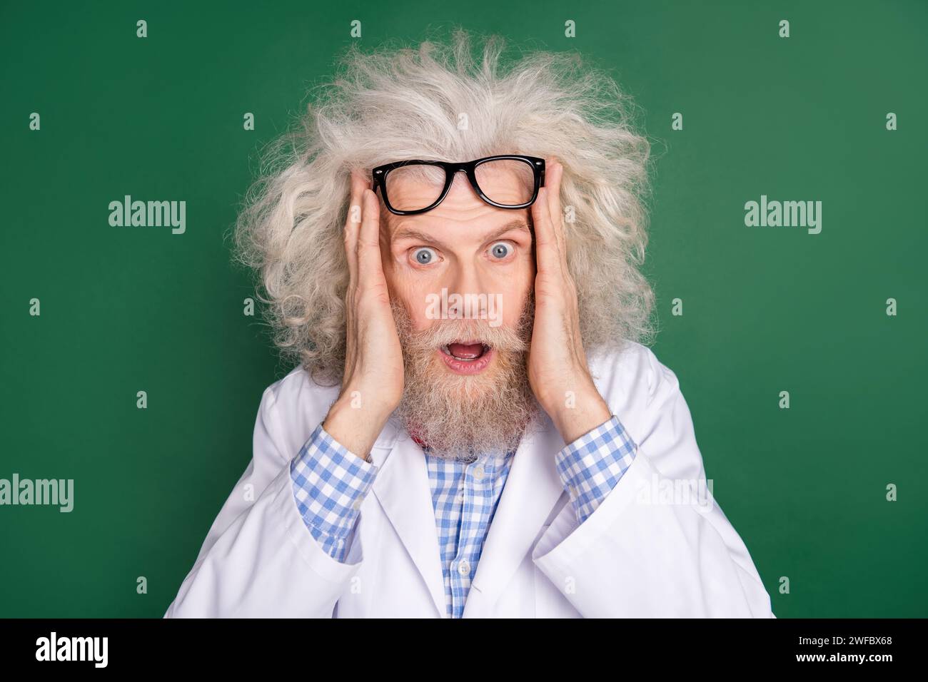Photo of shocked crazy amazed surprised scientist with messy hair ...