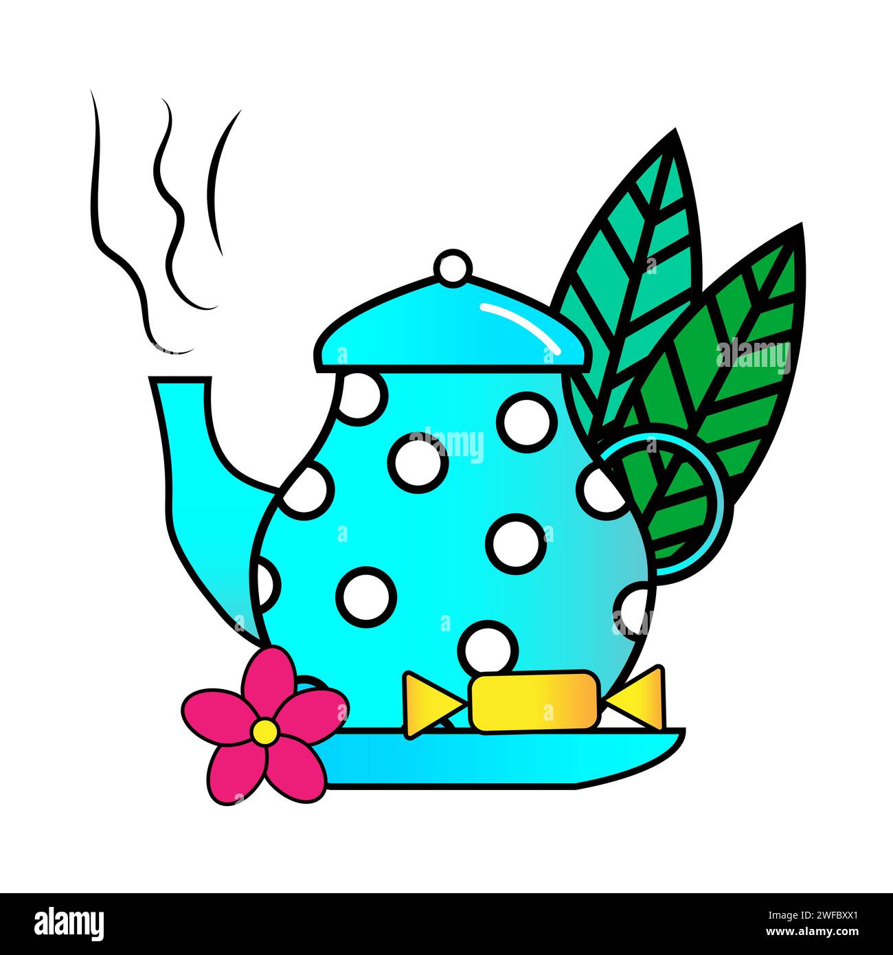 Cute teapot. Blue dotted icon. Cartoon style. Relax time. Creative art ...