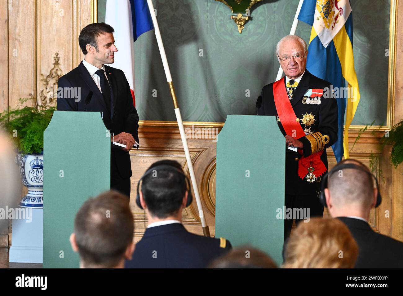 French President Emmanuel Macron and King Carl Gustaf deliver a press ...