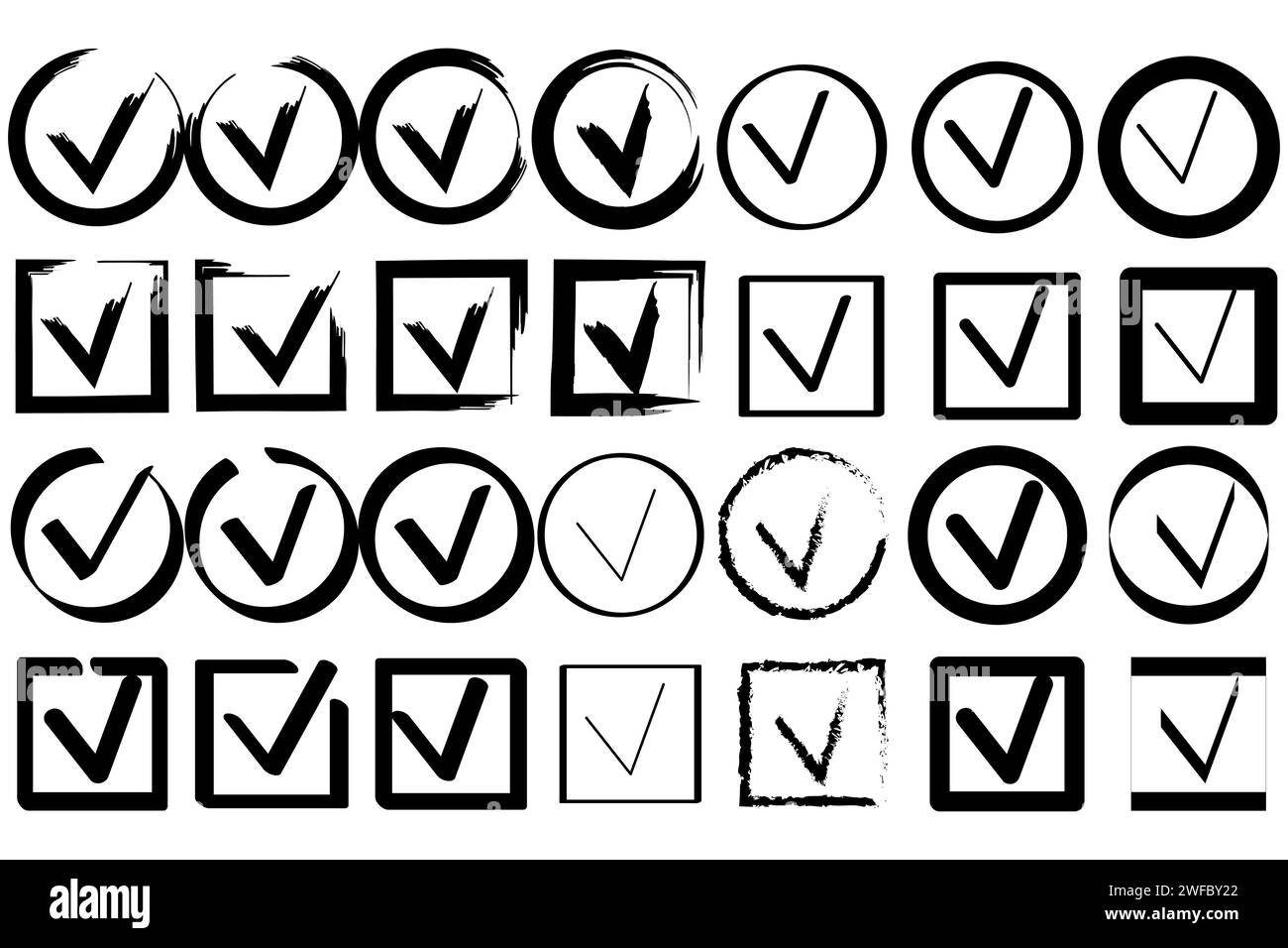Black mark drawings on white background. Checkmark icon. Ink ...