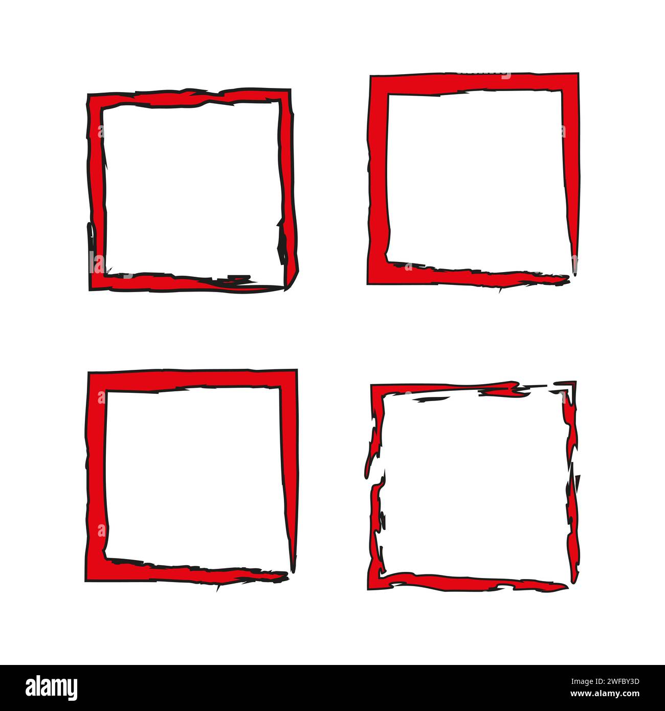 Red square frame icon set. Freehand paint brush strokes. Stamp texture ...