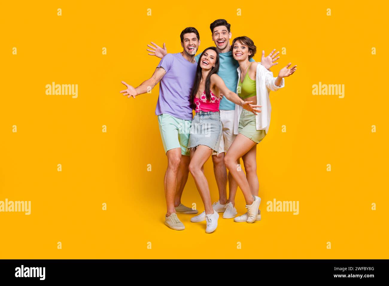 Photo of positive people company have fun together invite for hang out ...