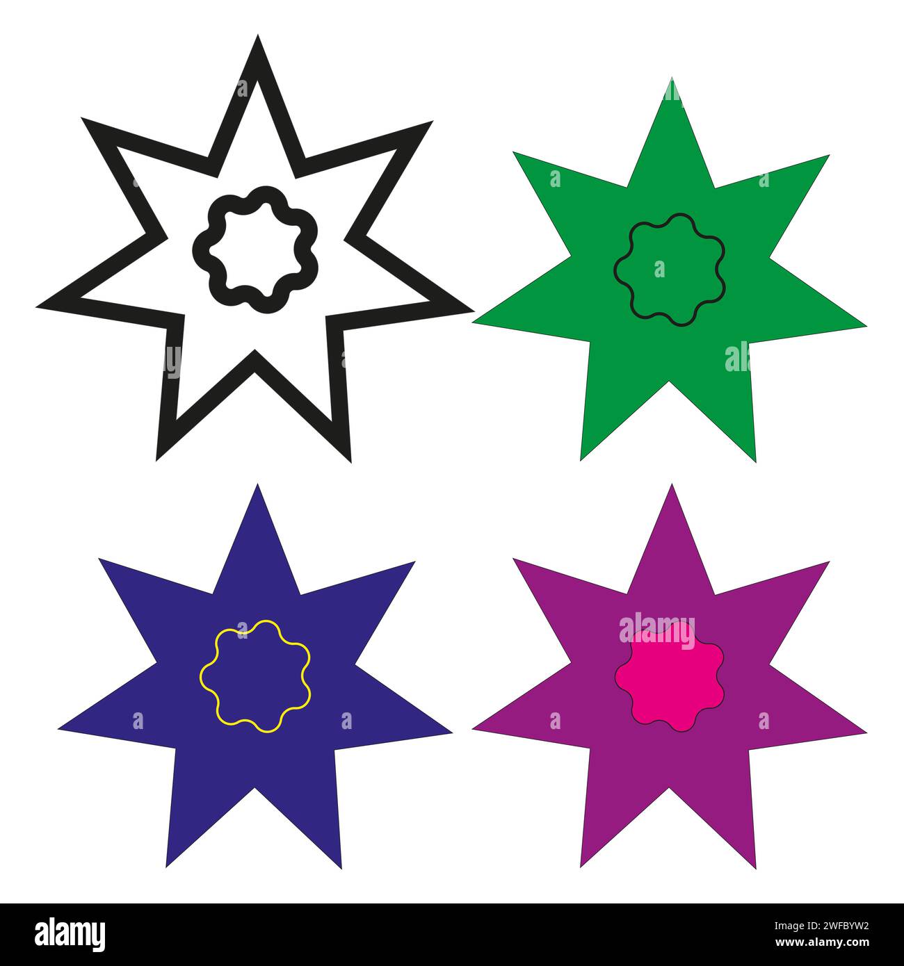 Colored starburst icon set. Flower figure inside. Black, green, blue ...