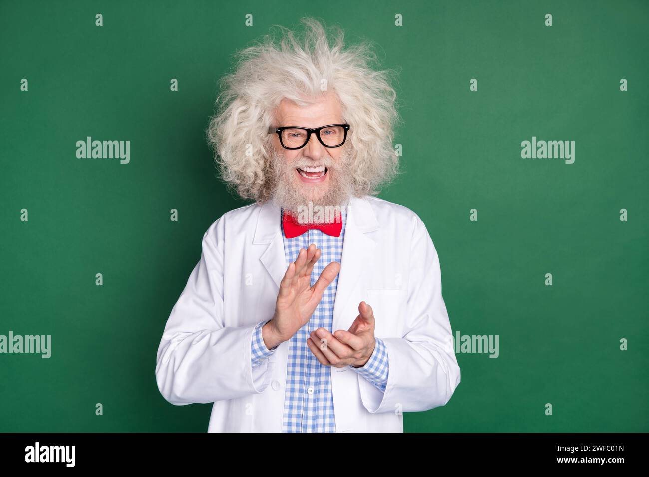 Photo of happy excited crazy mad scientist clapping evil laugh wear ...