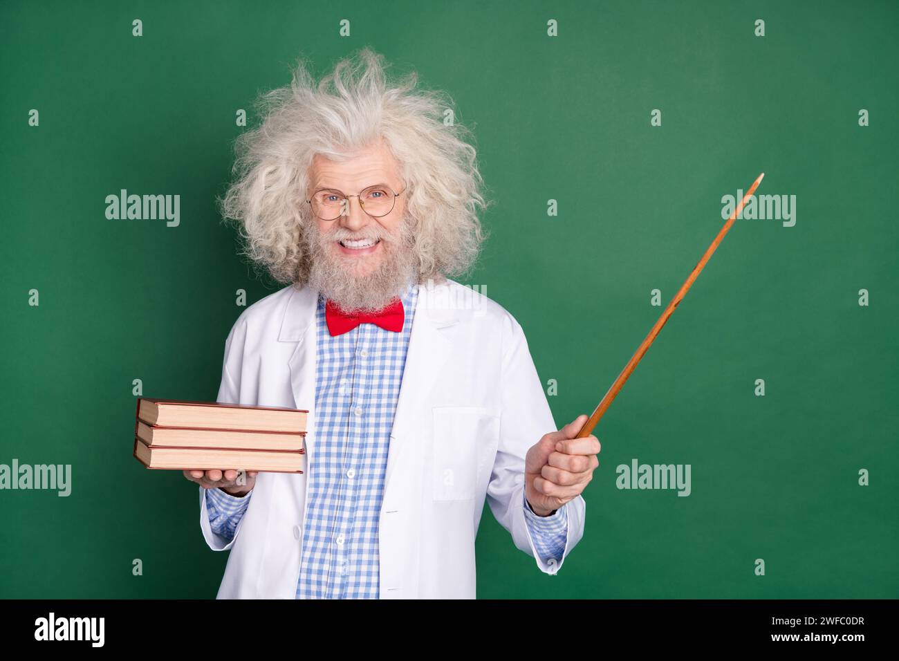 Photo of old professor with messy funky hair hold wooden pointer and ...