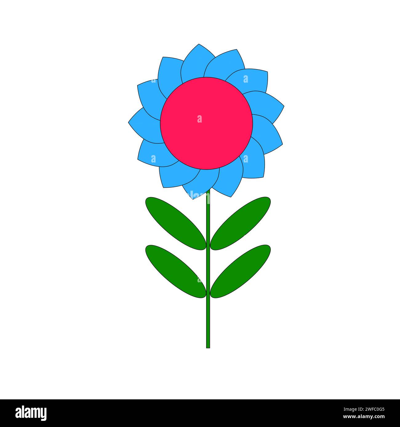Blue Flower With Stem Pink Centre Cartoon Design Hand Drawn Vintage