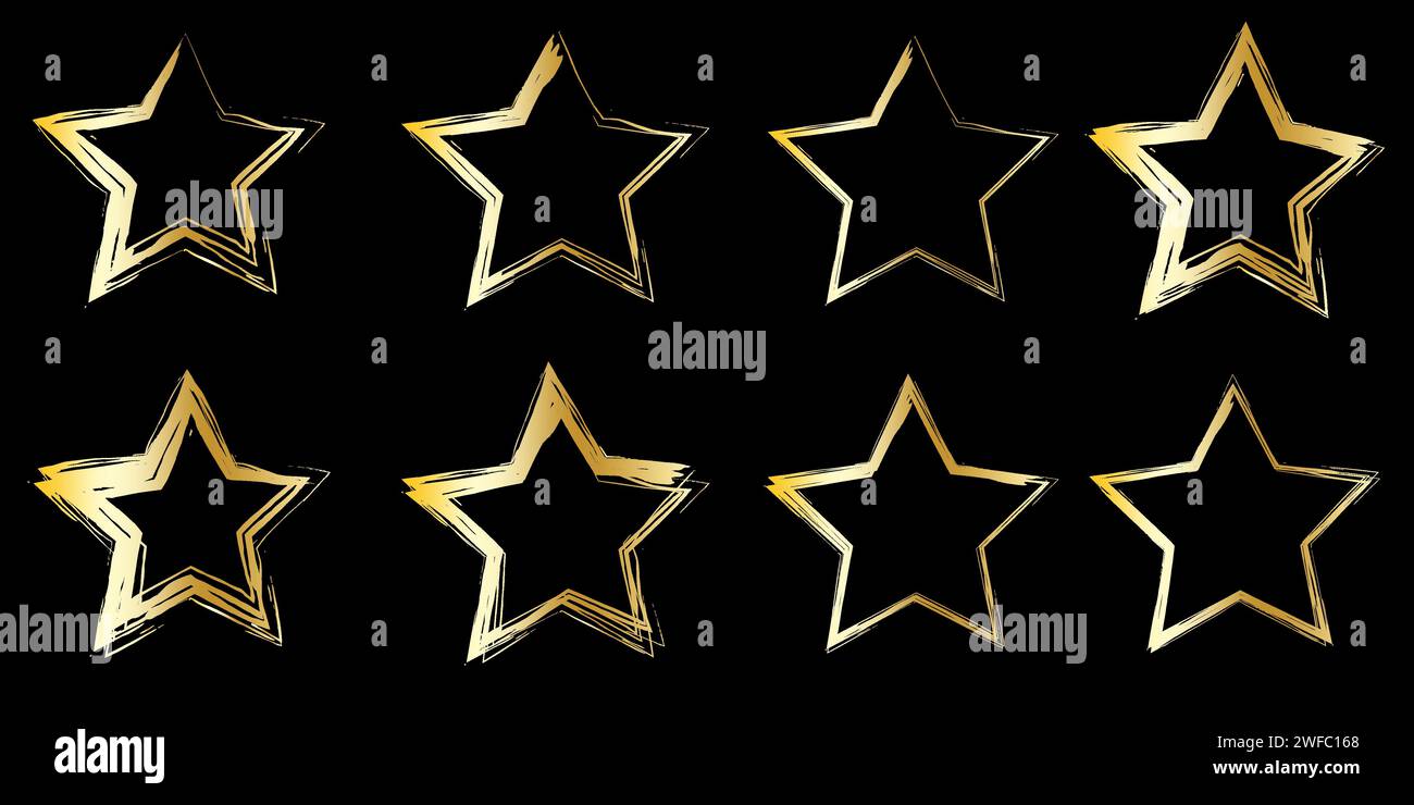 A lot of hand drawn golden empty stars on black background. Ink sketch ...