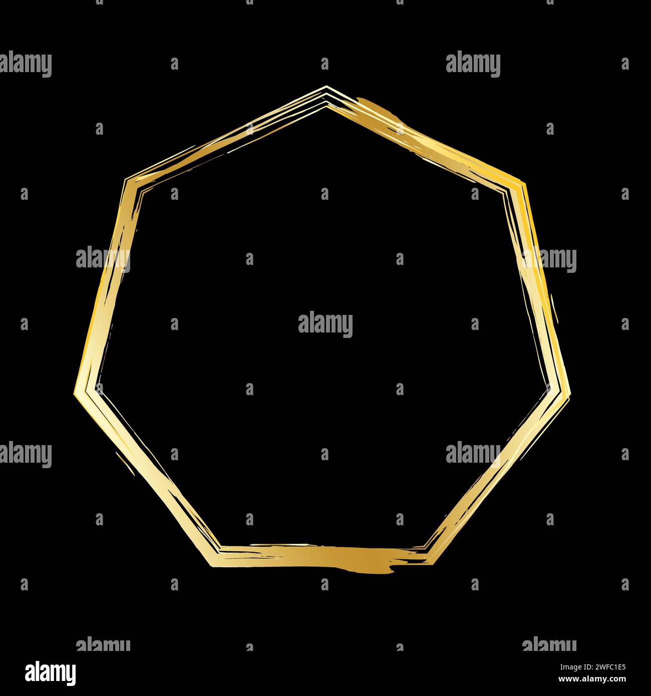 Paint brush golden heptagon icon on black backdrop. Geometric frame ...