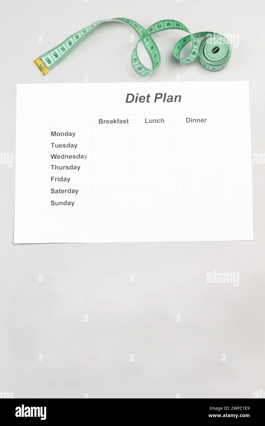 Sheet of paper with diet plan for week. Two bowls of rice. Measuring ...