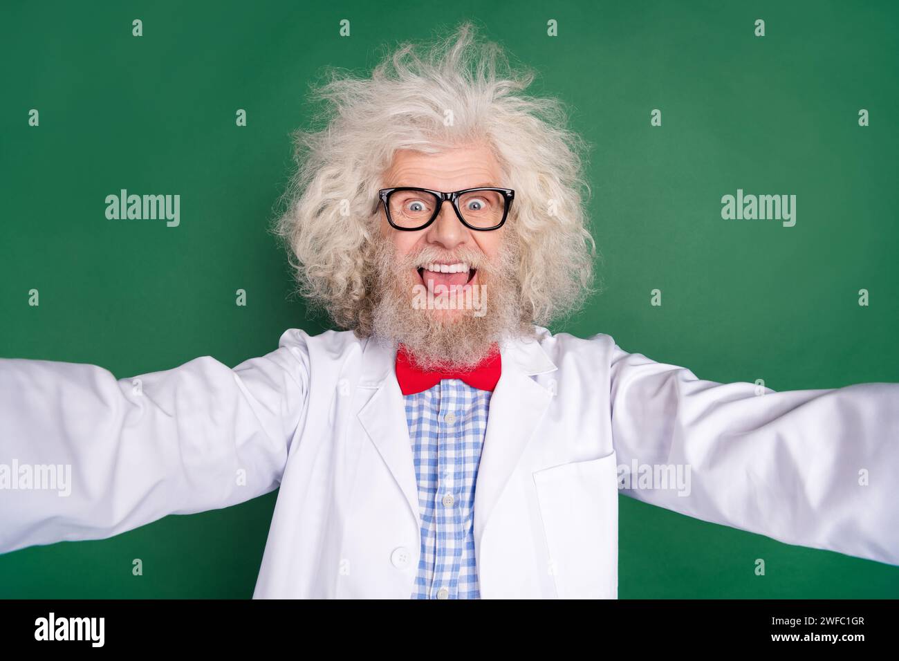 Photo of funky childish age scientist wear white coat bowtie spectacles ...