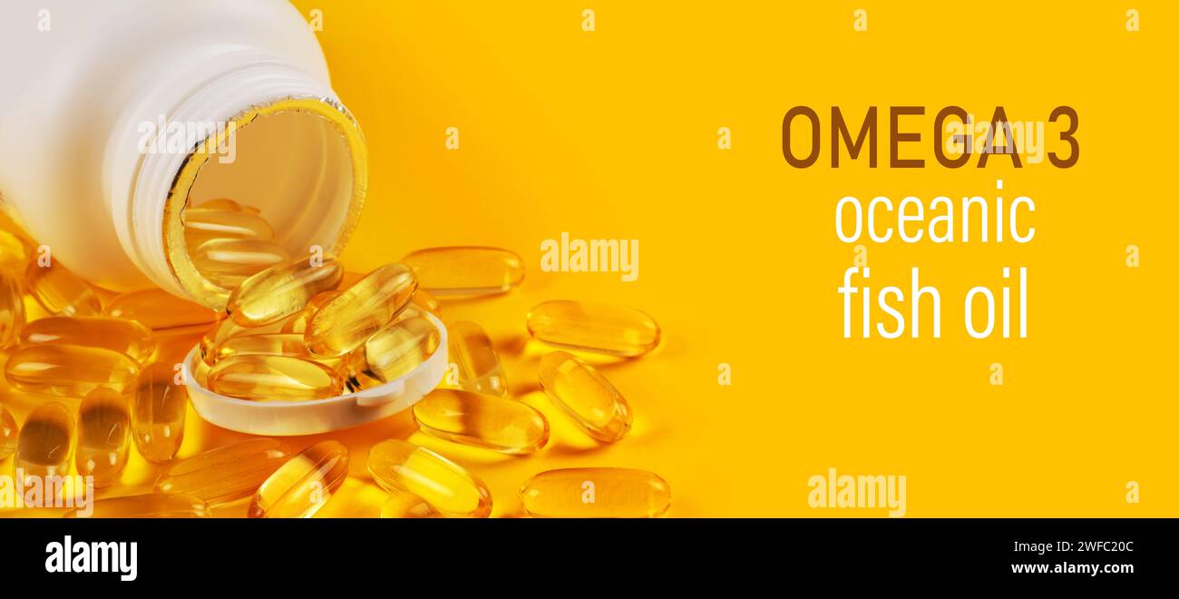Omega 3 gel capsules. Fish oil pills. Healthy omega-3 in bottle Stock ...