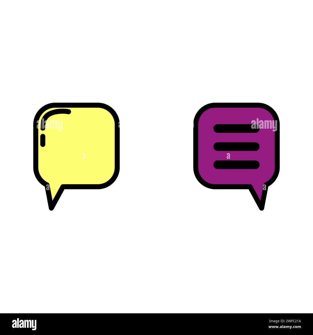 Colored square chat box icon. Yellow and purple sign. Message emblem ...