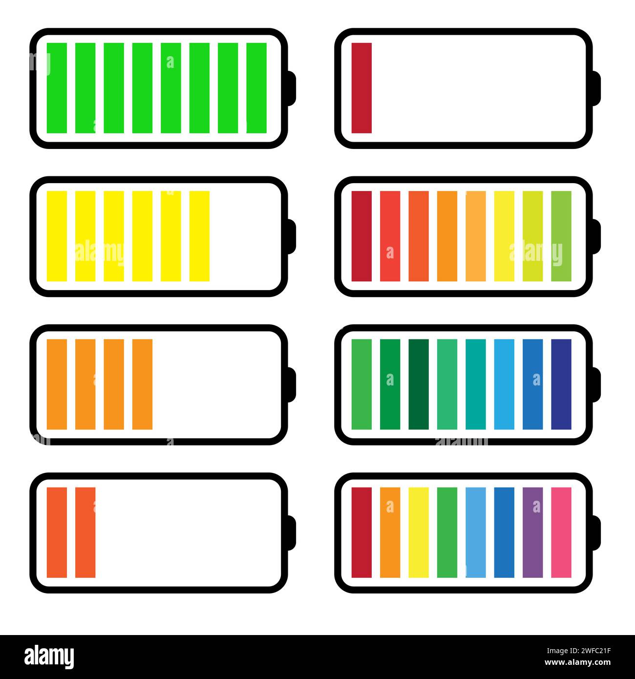 Charge battery icon set. Colored sign. Process background. Energy ...