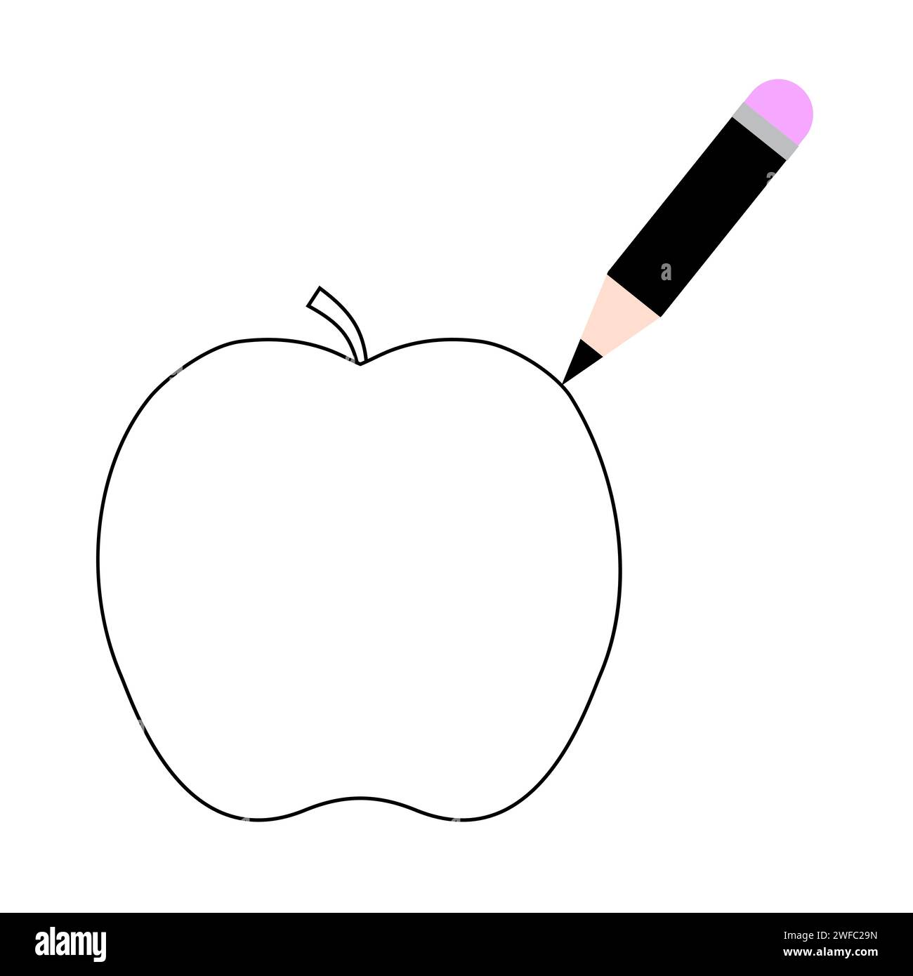 Apple icon. Pencil sign. Hand art. Silhouette effect. Healthy snack ...