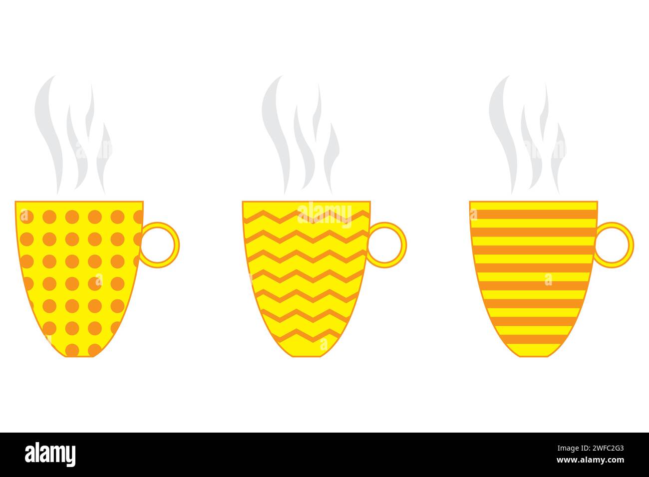 Big mug with steam. Yellow cup. Orange patterns. Hot drink. Cartoon ...