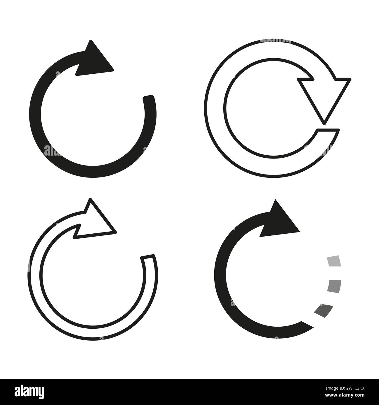 Circular arrow icon set. Four fat and thin sign. Update symbol. Restart sign. Flat art. Vector ...