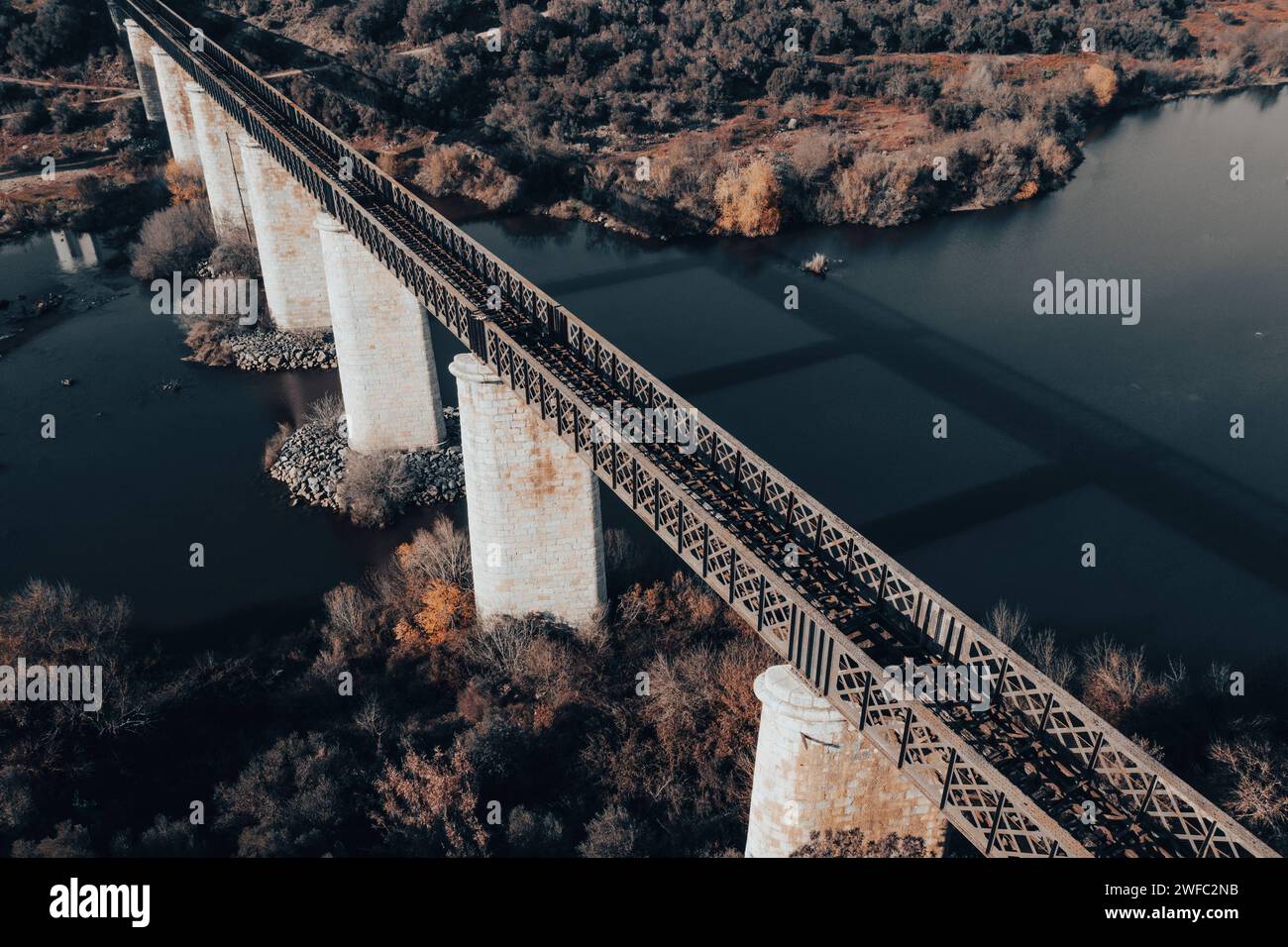 Aerial Landscape of the guadiana river valley in alentejo Old railway ...
