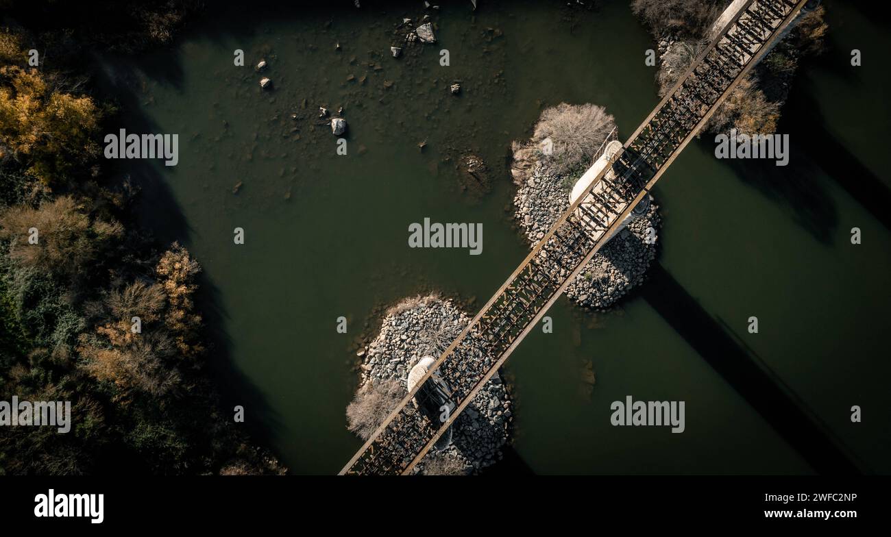 Aerial Landscape of the guadiana river valley in alentejo Old railway ...