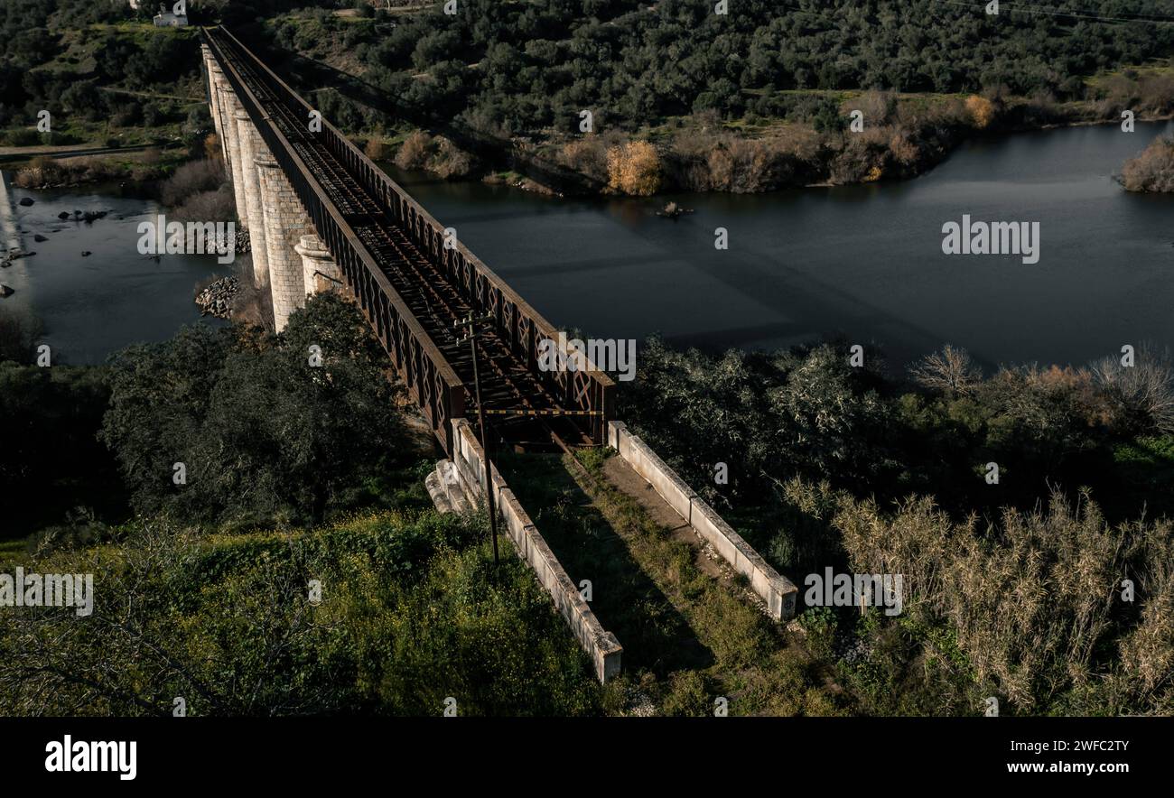 Aerial Landscape of the guadiana river valley in alentejo Old railway ...
