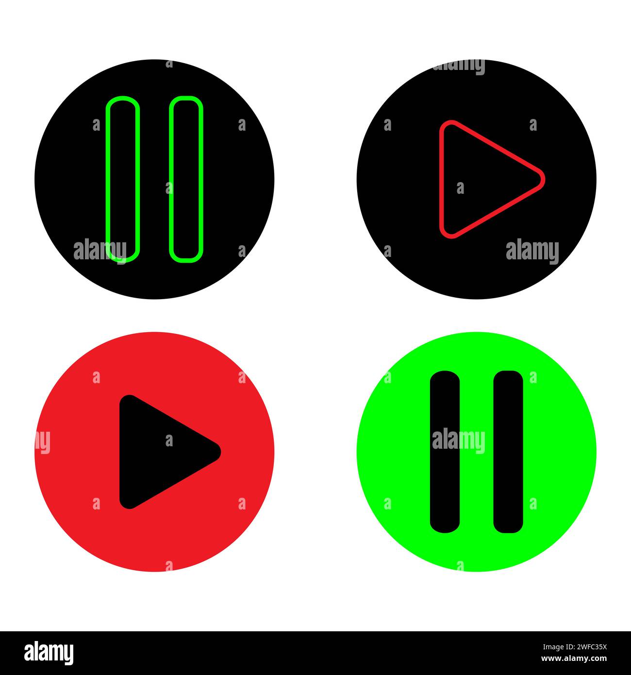 Play icon set. Pause signs. Colored elements. Mobile app symbols ...