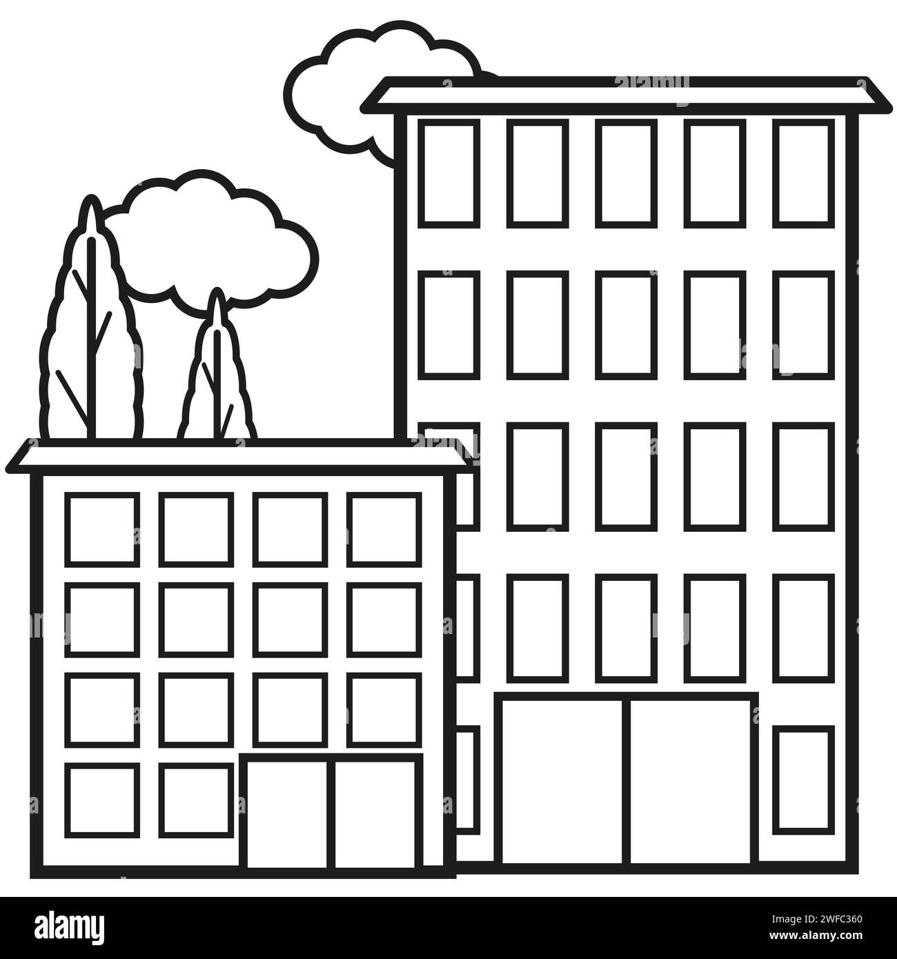 Multi-storey building. Landscape design. Line art. Building, city. Vector illustration. Stock ...