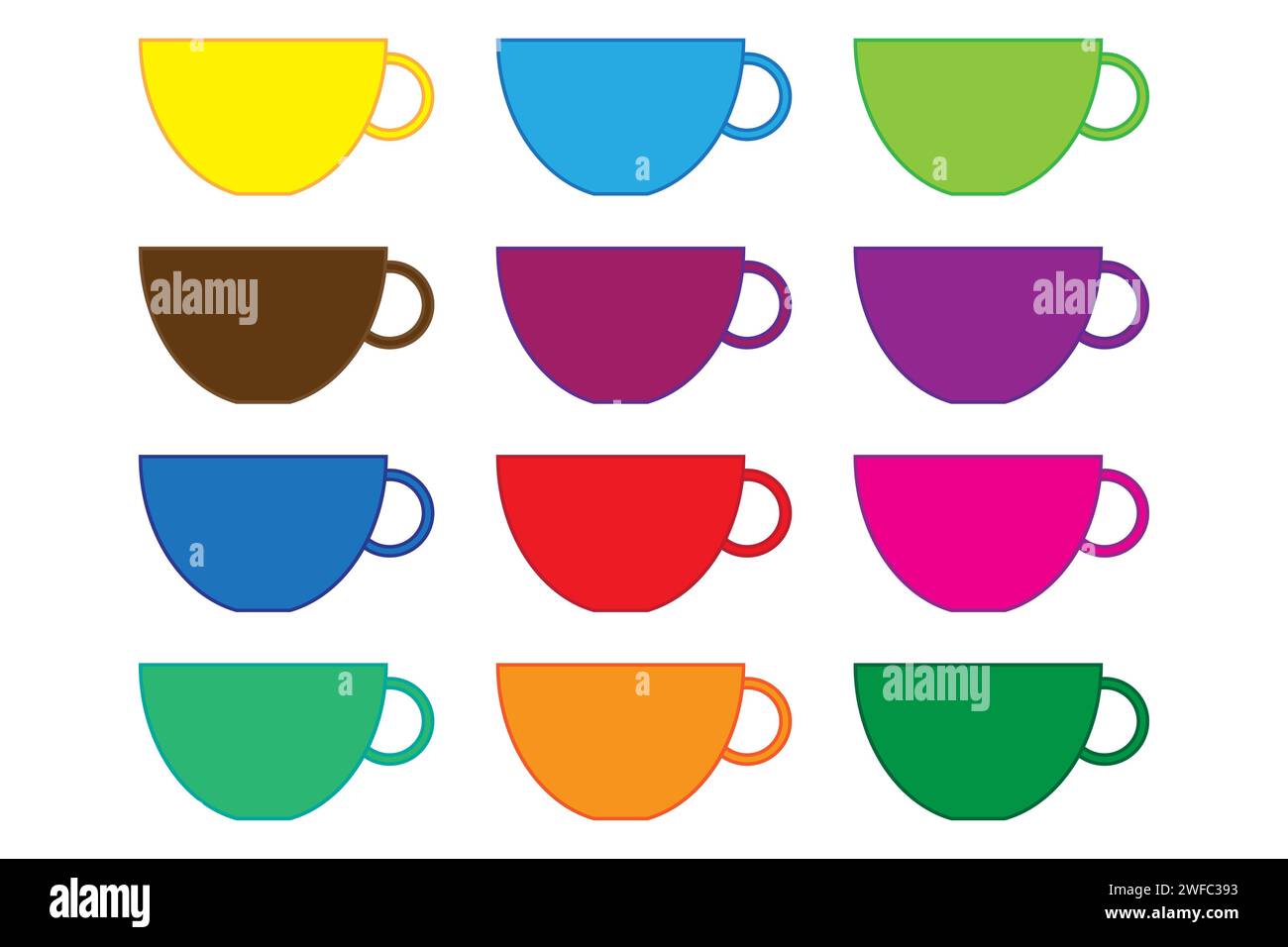 Color cups icon set. Hot drink. Doodle cartoon style. Flat picture ...