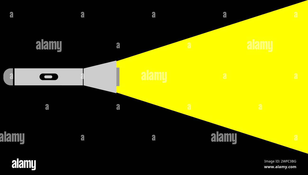 Shining flashlight icon. Electric tool. Modern design. Black background. Line art. Vector ...
