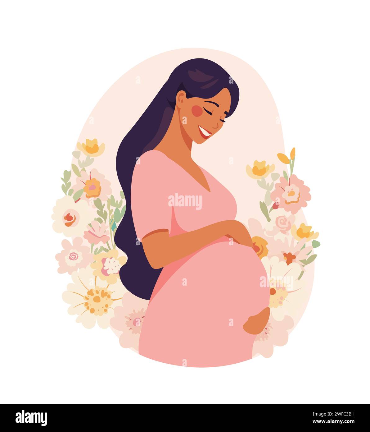 Cute pregnant woman expecting the birth of a child, pregnancy card with ...