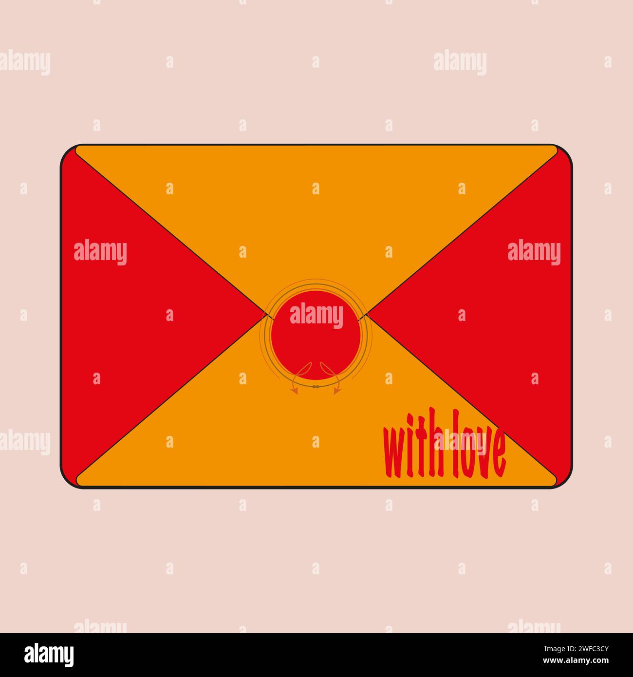 Art envelope icon. Red and orange mail. Circle in centre. Romantic ...