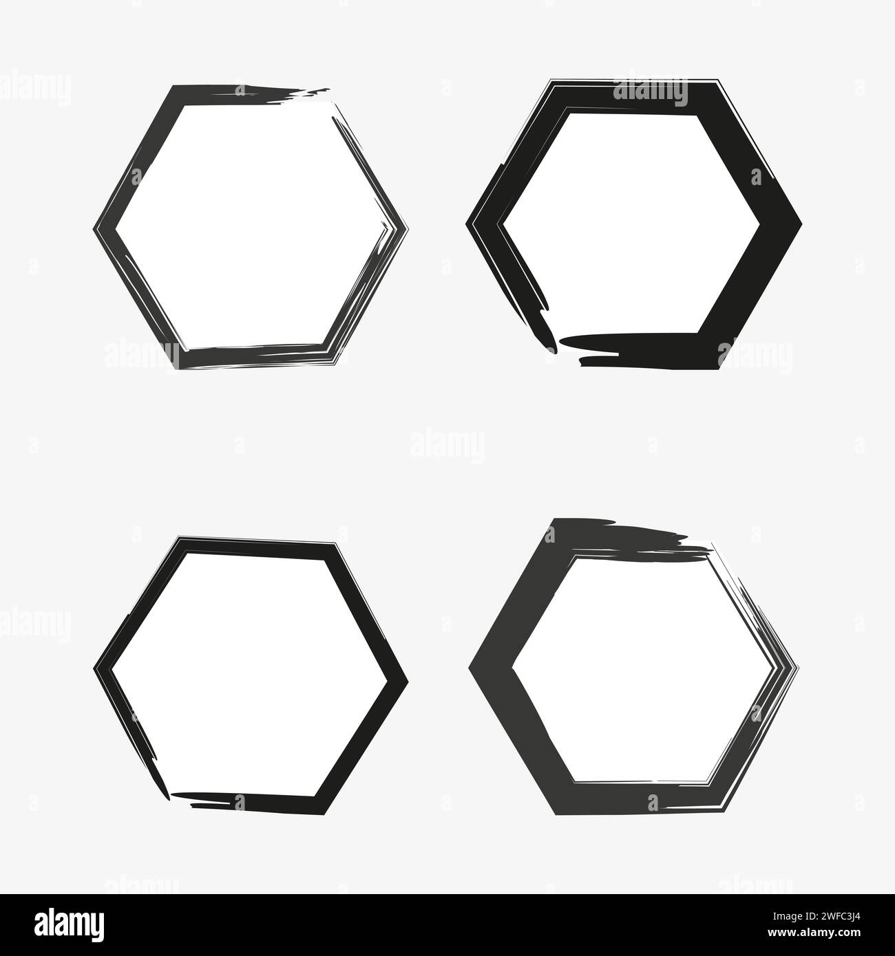 Black grunge hexagon frame set. Abstract geometry figure. Ink art. Hand ...