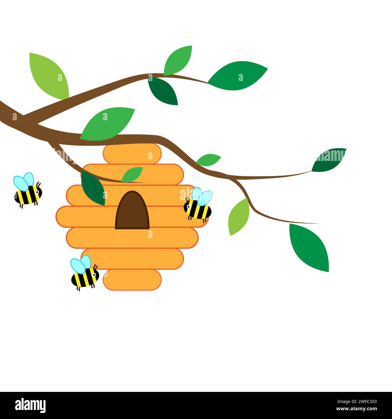 Beehive icon. Flying animals. Tree branch. Cartoon design. Hand drawn ...