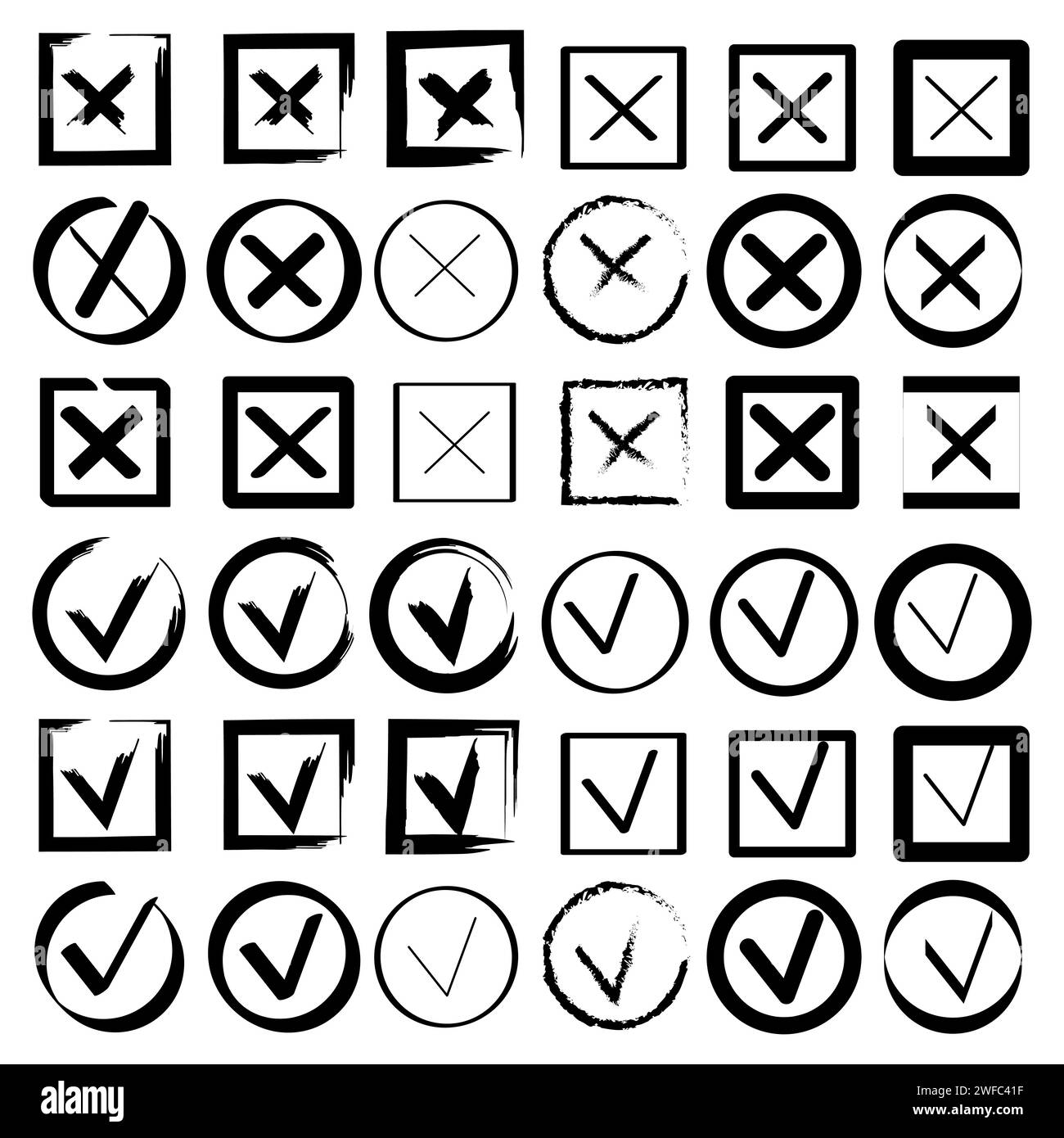 Black cross icon. Check mark icon. Checklist mark set. Choice symbol ...