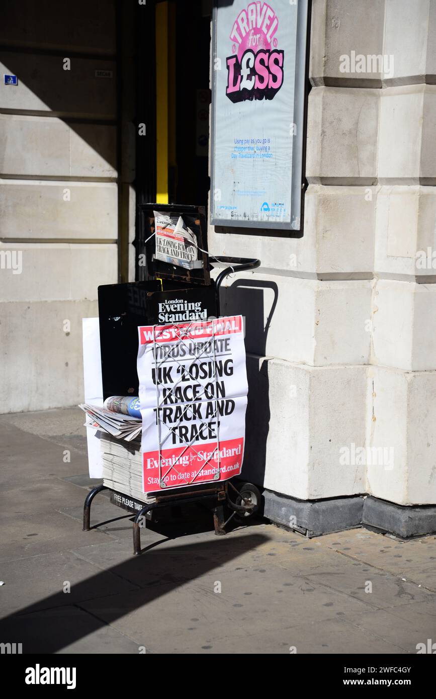 Copies of The Evening Standard newspaper during the 2020 Coronavirus ...