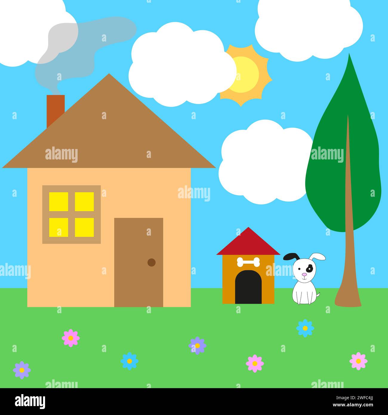 Cartoon house. Happy family. Comic background. Vector illustration ...