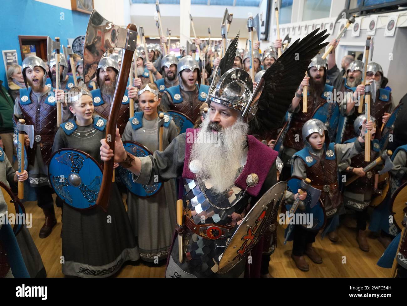 Guizer Jarl Richard Moar leads the Jarl Squad through Lerwick on the Shetland Isles during the ...