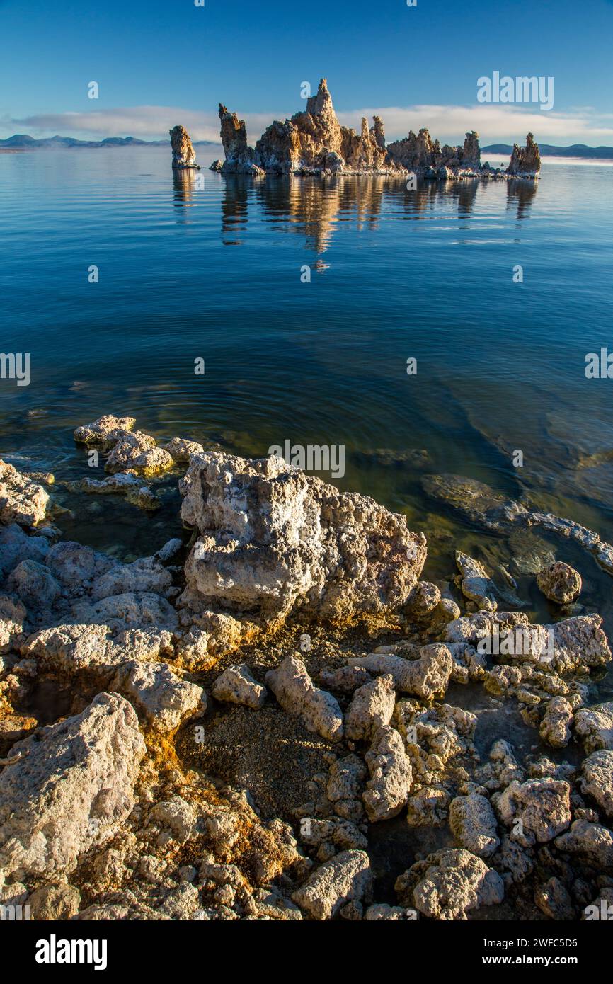 Tufa rock formations at sunrise in Mono Lake in California Stock Photo ...